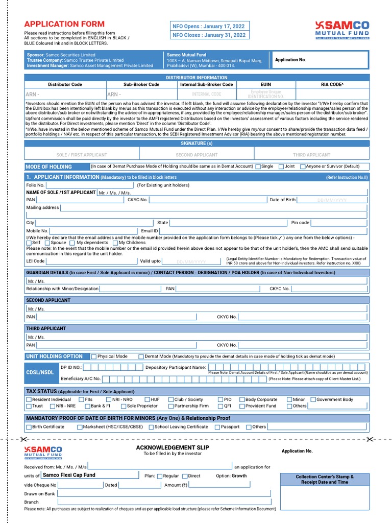 Application for Samco Mutual Fund NFO | PDF | Financial Services ...
