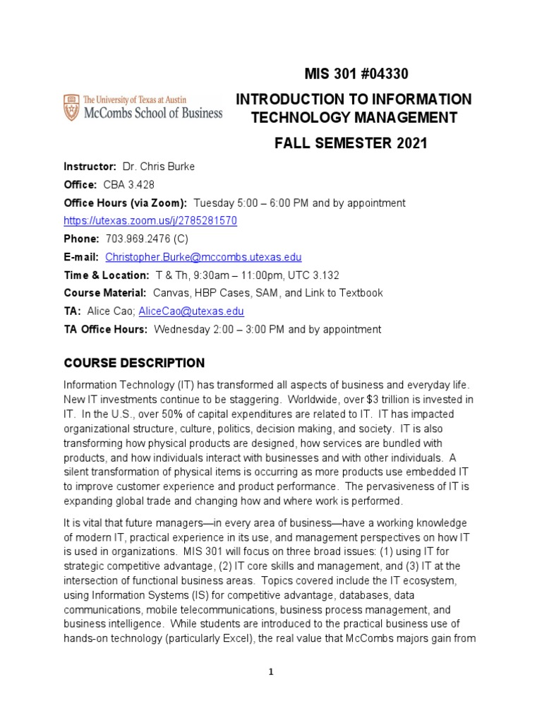 Syllabus MIS 301 Fall 2021 4330 | PDF | Academic Dishonesty | Textbook