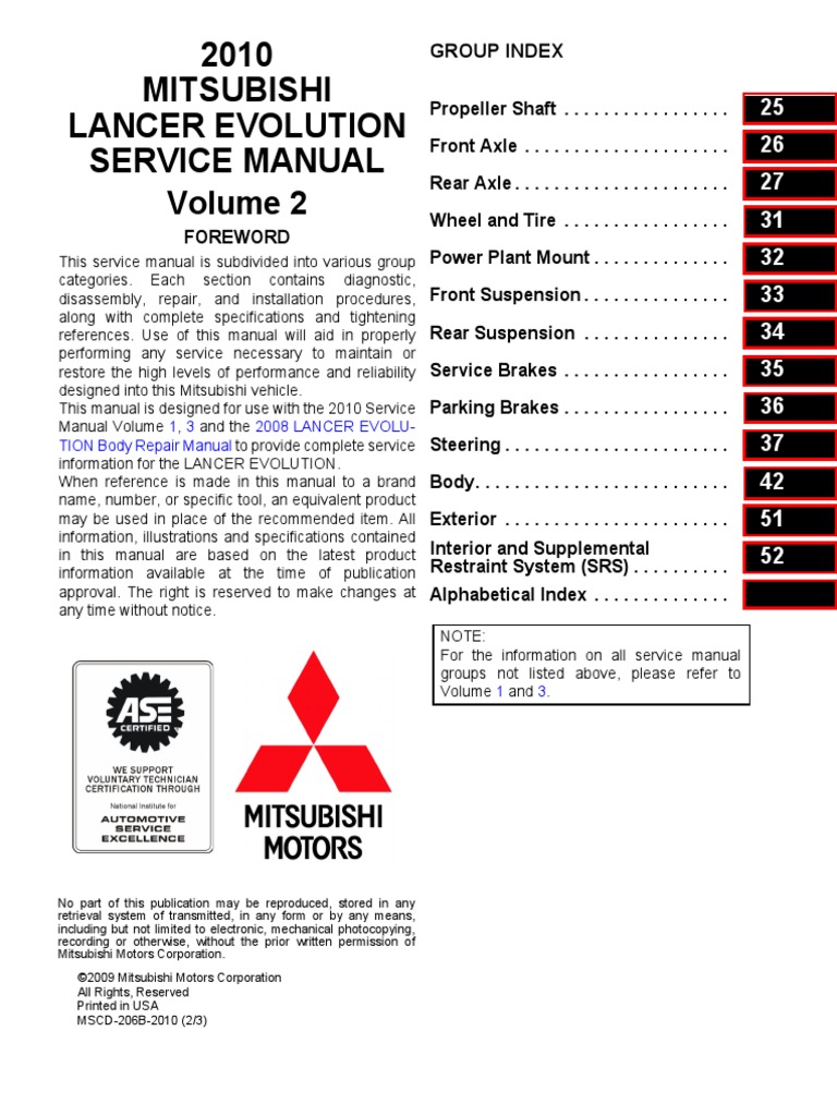 2010 Mitsubishi Lancer Evolution Service Manual: Group Index | PDF ...