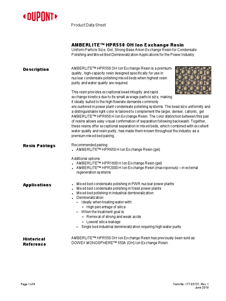 AMBERLITE™ HPR550 OH Ion Exchange Resin | PDF | Ion Exchange | Ion