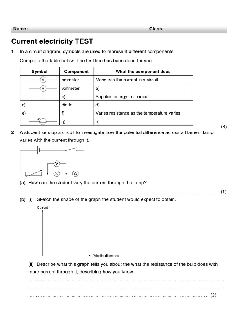 Current Electricity TEST: Name: Class | PDF | Electrical Resistance And ...