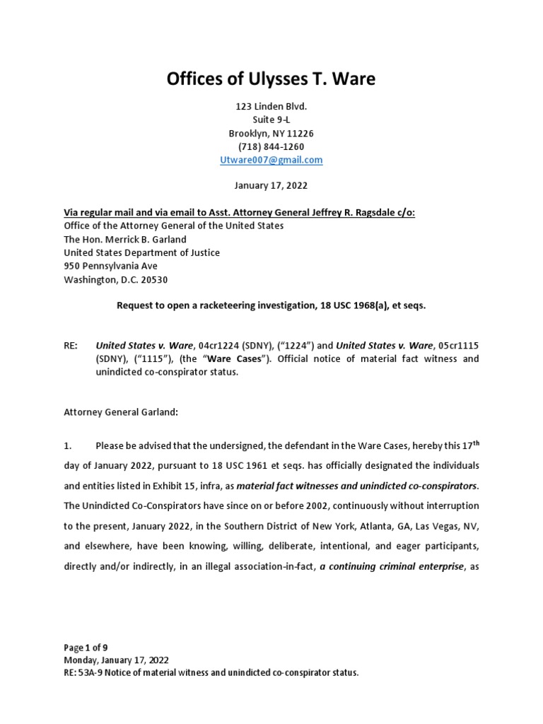 01.17.22 53A-9 Offical Notice of Material Fact Witness Status | PDF | Conspiracy (Criminal ...