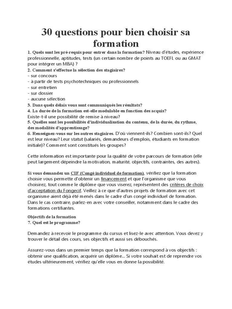 30 Questions Pour Bien Choisir Sa Formation | PDF | Pédagogie | Économie