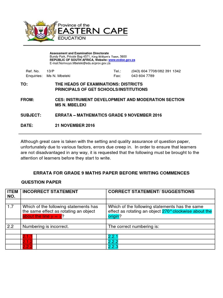 Errata For Grade 9 Maths Paper Final | PDF