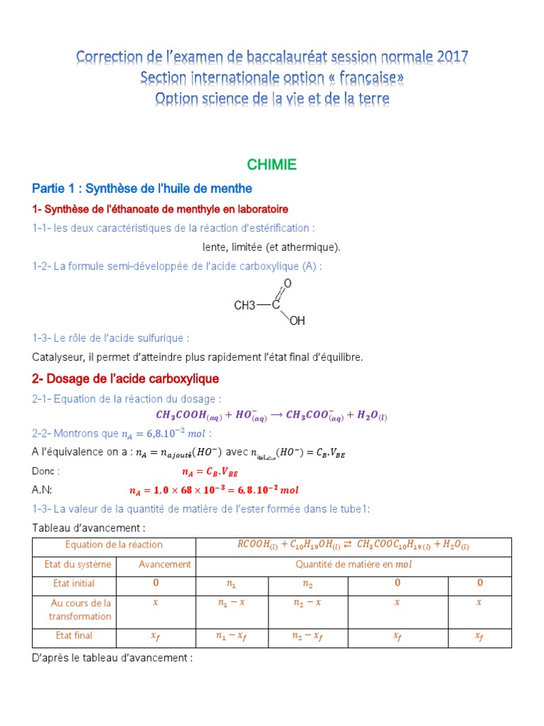 Examen National Physique Chimie 2 Bac SVT 2017 Normale Corrige | PDF | Ester | Accélération