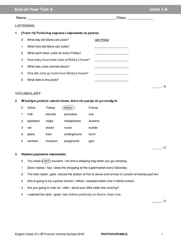 End-of-Year Test A Units 1-8: Listening | PDF