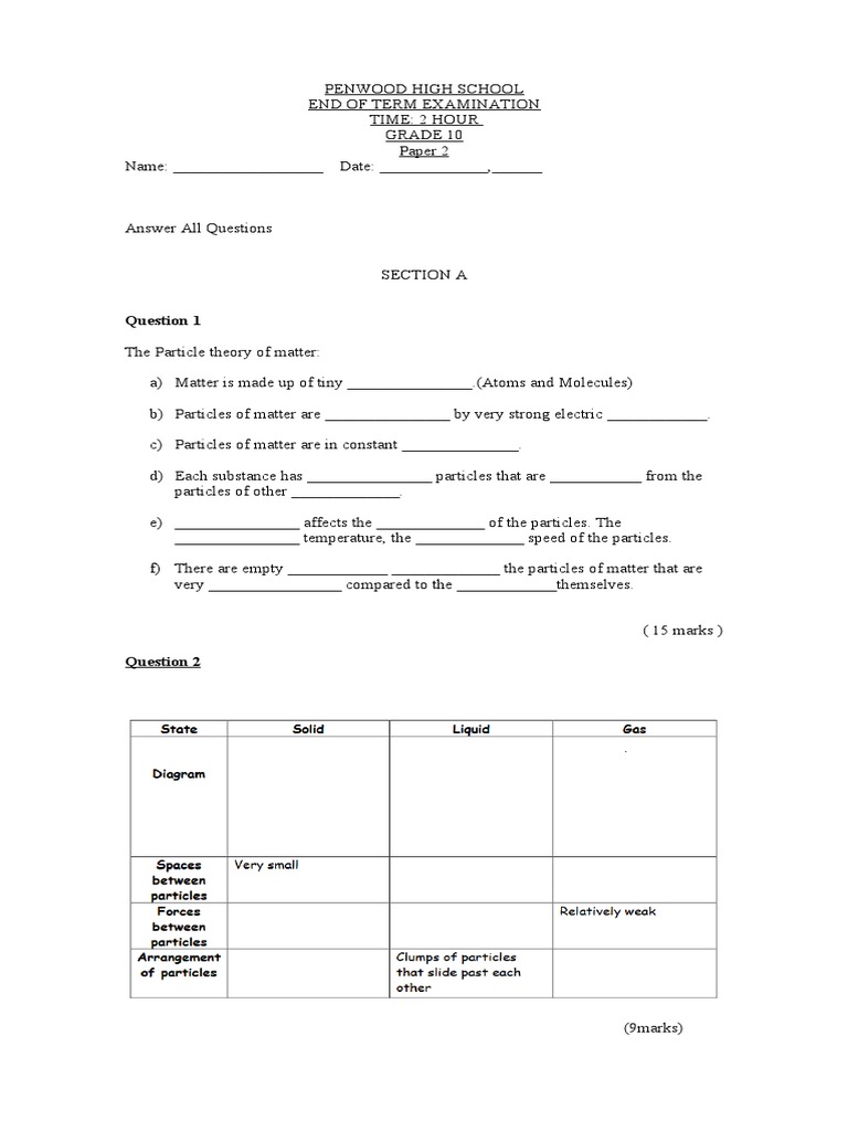 Grade 10 Science Exam Paper | PDF | Solution | Matter