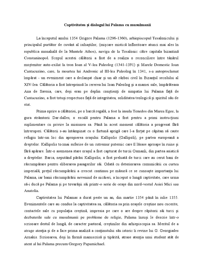 Captivitatea Și Dialogul Lui Palama Cu Musulmanii | PDF