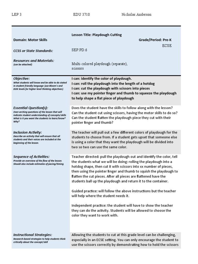 Playdough Cutting Lesson Plan | PDF | Teachers | Communication