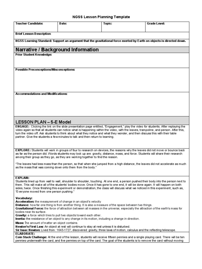 5e Lesson Plan Template | PDF | Gravity | Force