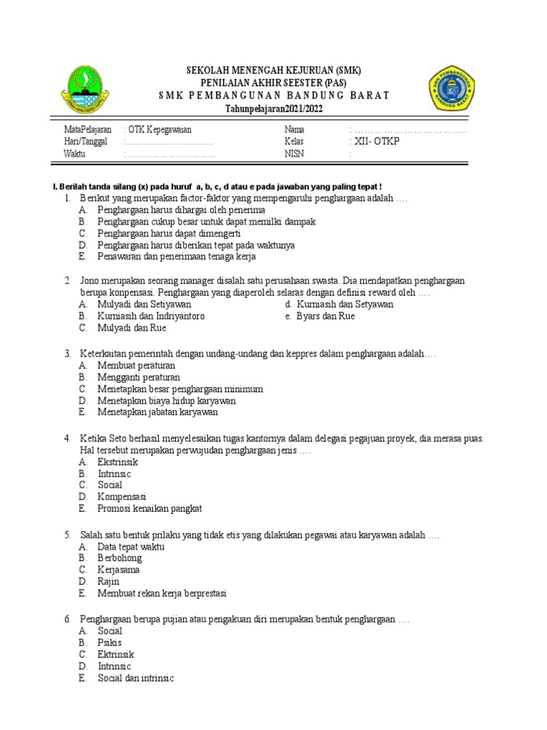 Soal Pas-1 Otk Kepegawaian Kls 12 - 2021 | PDF Soal Pas-1 Otk Kepegawaian Kls 12 - 2021 | PDF
