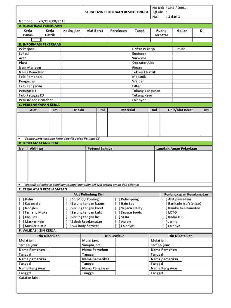 Surat Izin Pekerjaan Resiko Tinggi | PDF