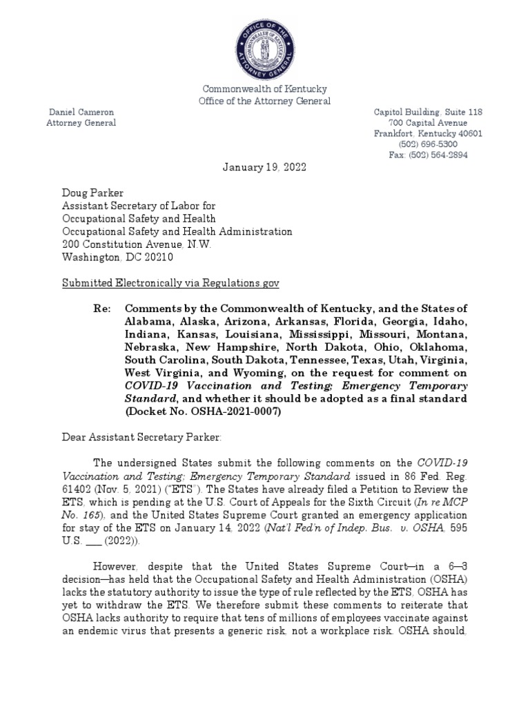 Letter To OSHA RE: Proposed Rule Public Comments Final 2022.01.19 | PDF ...