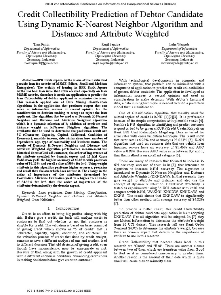 Credit Collectibility Prediction of Debtor Candidate Using Dynamic K-Nearest Neighbor Algorithm ...