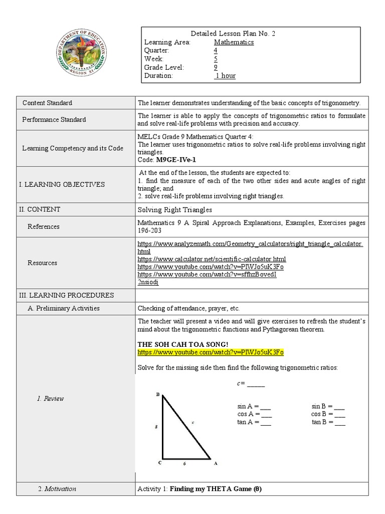 Lesson Plan On Solving Right Triangle | PDF | Trigonometry ...
