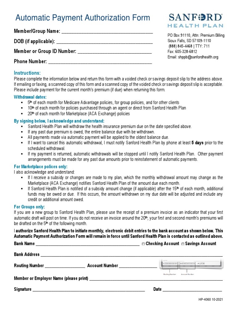 Automatic Payment Authorization Form | PDF | Payments | Insurance