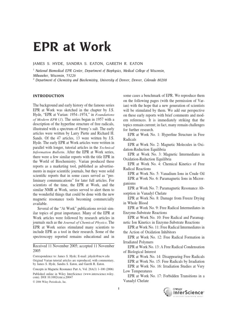 EPR at Work | PDF | Electron Paramagnetic Resonance | Nuclear Magnetic ...