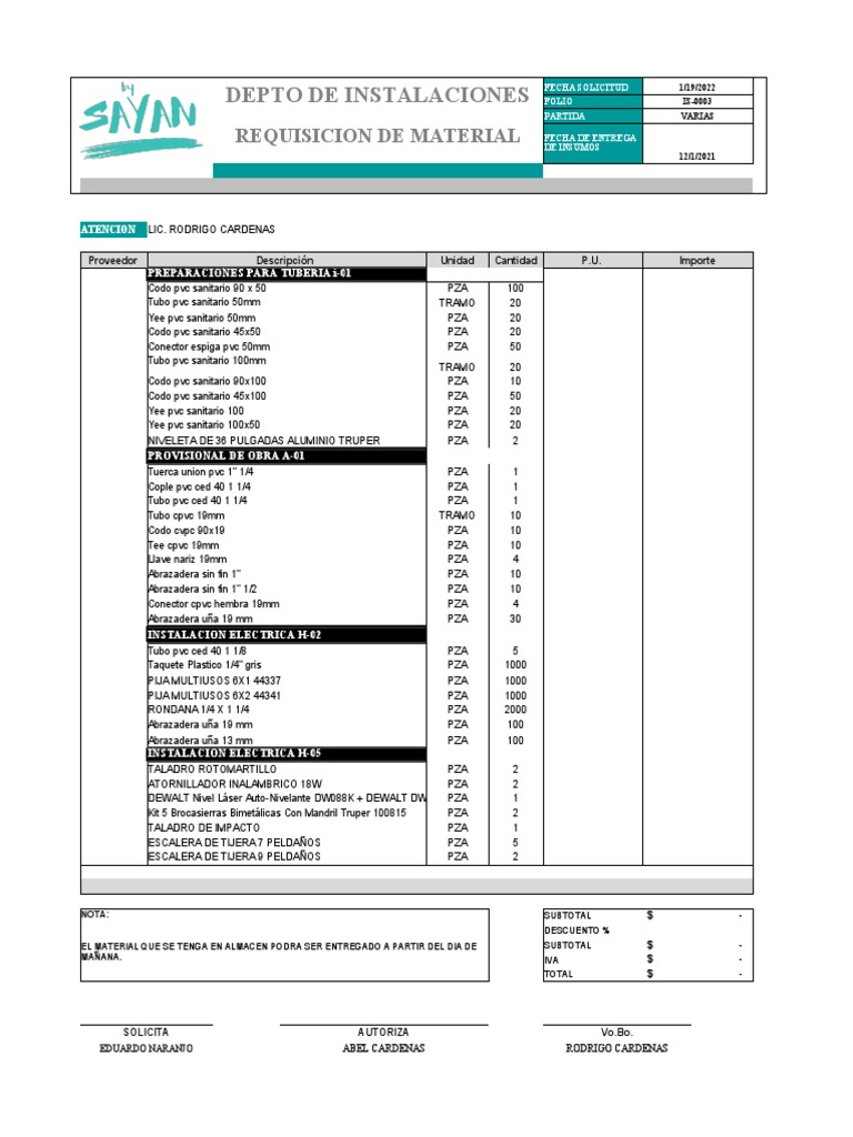 Formato de Requisiciones | PDF | Materiales | Ingeniería de Edificación