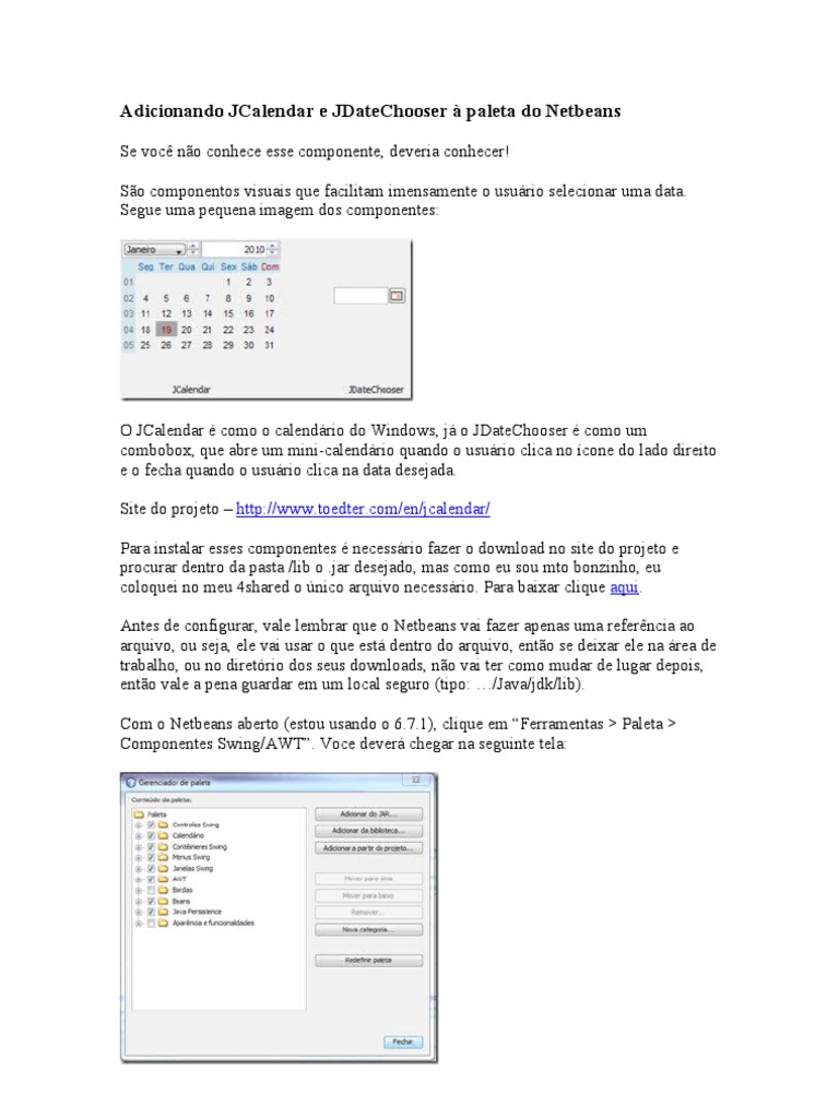Adicionando JCalendar e JDateChooser À Paleta Do Netbeans | PDF | Computadores