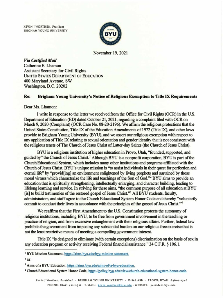 BYU Letter To U.S. Department of Education | PDF