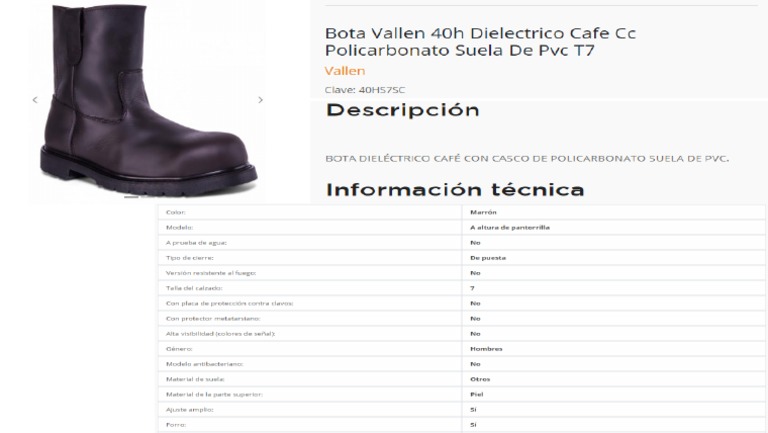 Ficha Tecnica Bota de Seguridad Dielectrica Vallen | PDF