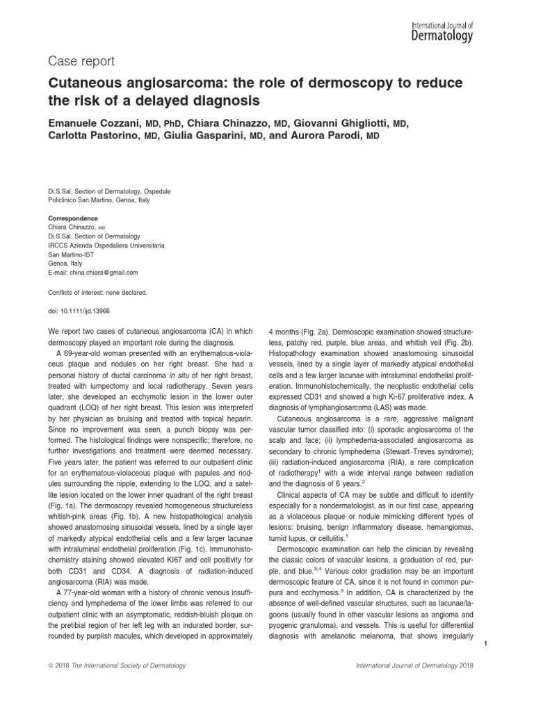 Cutaneous Angiosarcoma: The Role of Dermoscopy To Reduce The Risk of A ...