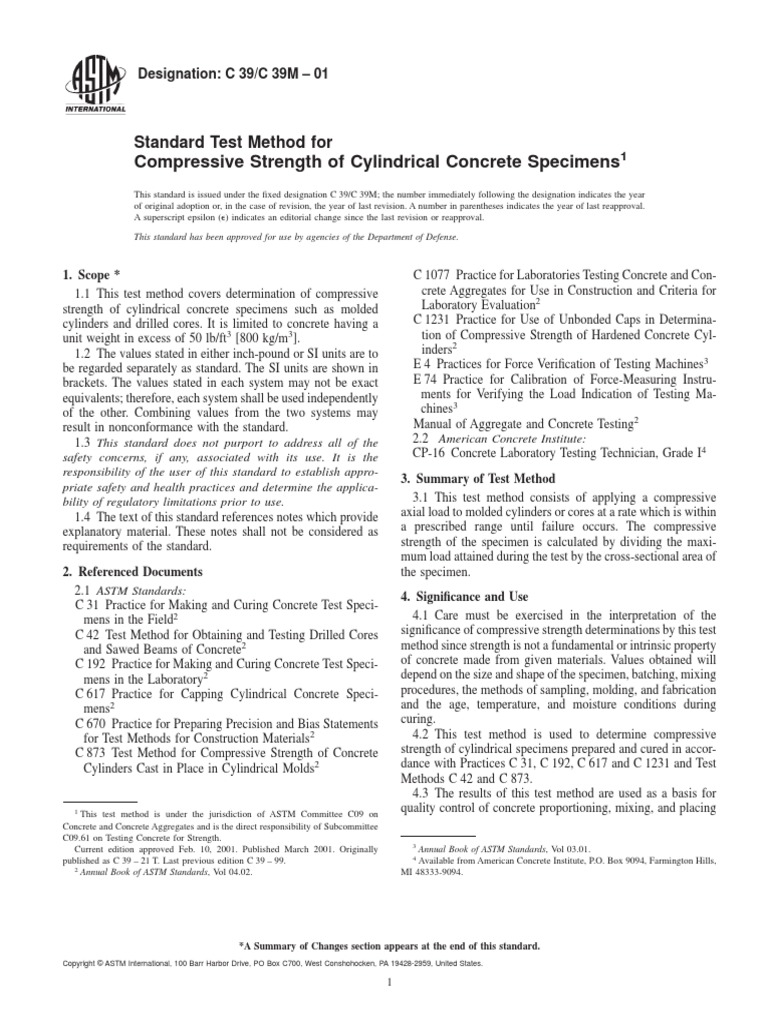 Compressive Strength of Cylindrical Concrete Specimens: Standard Test ...