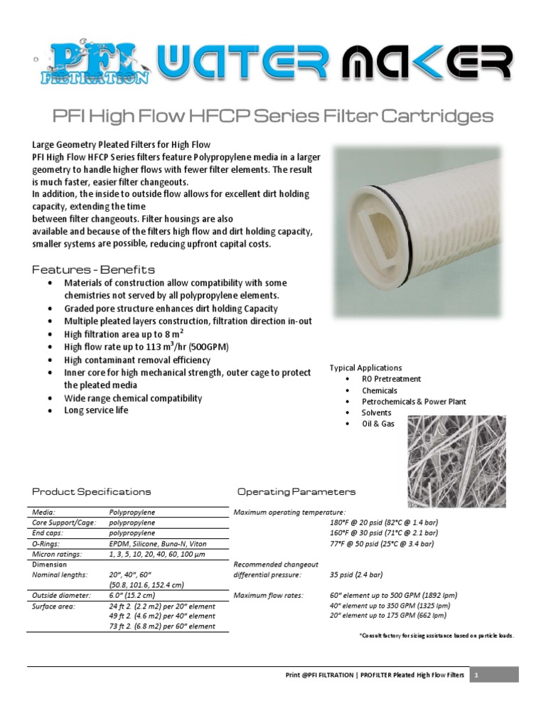 High Flow PFI Filter Specifications | PDF | Filtration | Chemistry