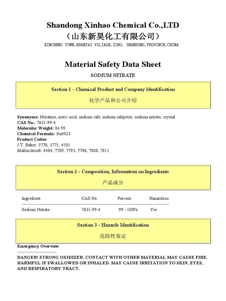 MSDS-Sodium Nitrate MSDS 山东新昊) | PDF | Chemistry | Materials
