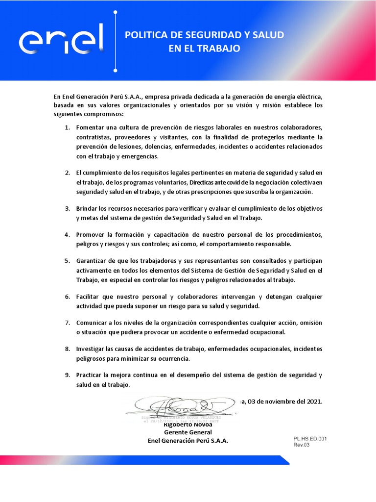 PL - HS.ED.001 Política de SST - Enel Generación Rev 3 | PDF