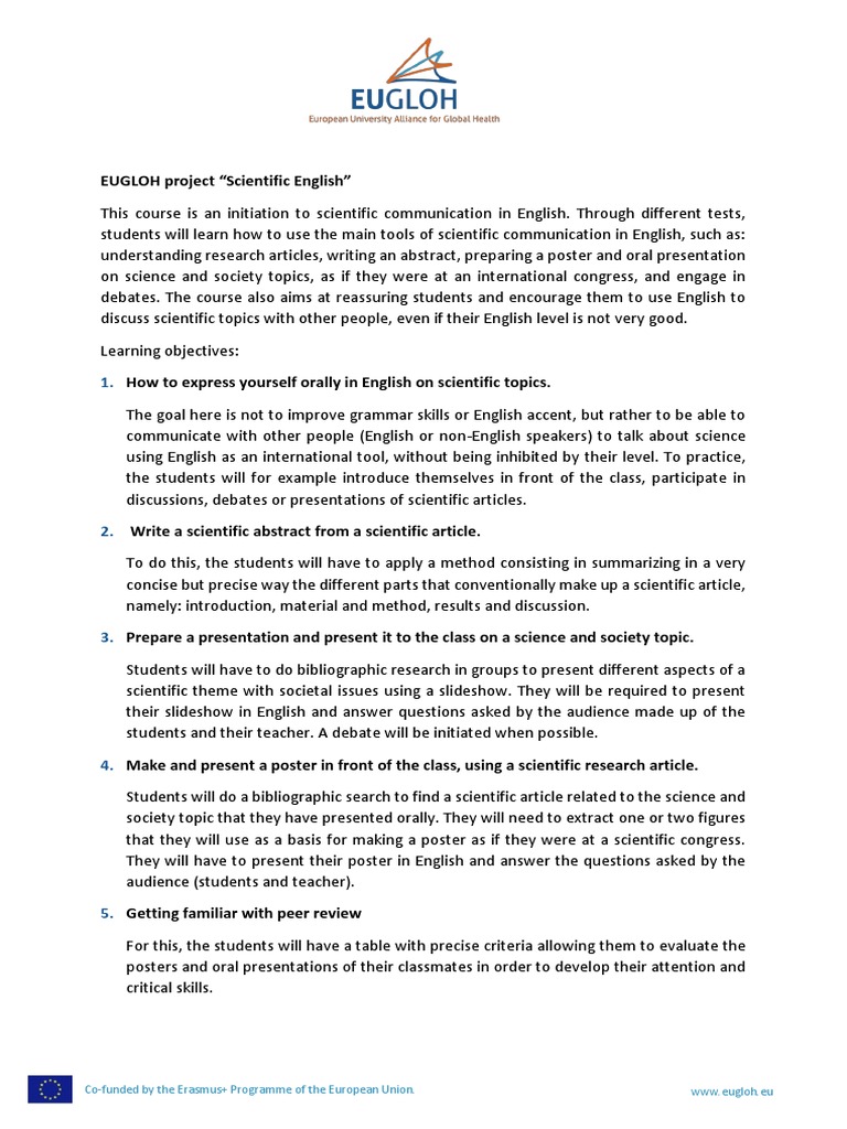 EUGLOH - Scientific English - Course Description | PDF | English ...
