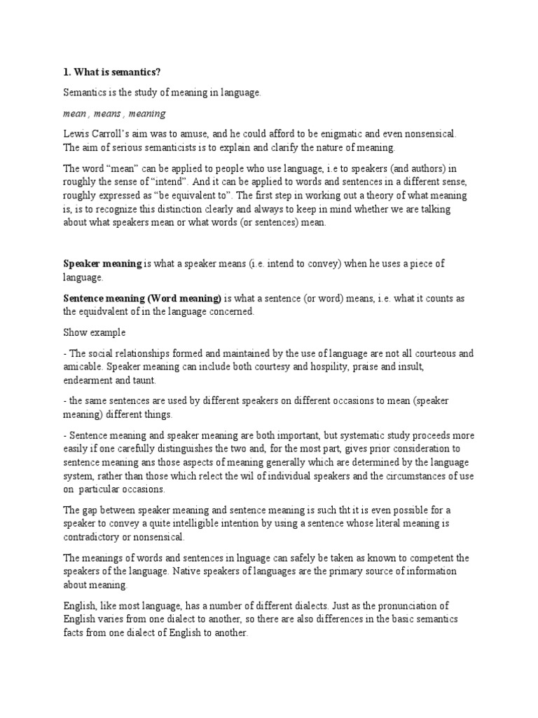 Mean, Means, Meaning: 1. What Is Semantics? | PDF | English Language ...