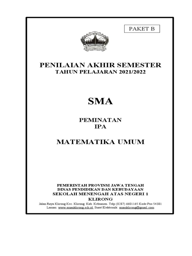 SOAL PAS MTK UMUM XII IPA SEM. 1 2021-2022 PAKET B Lengkap Cover | PDF