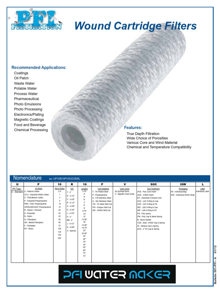 PFI String Wound Cartridge Filter Data Sheet | PDF | Acid | Sodium ...