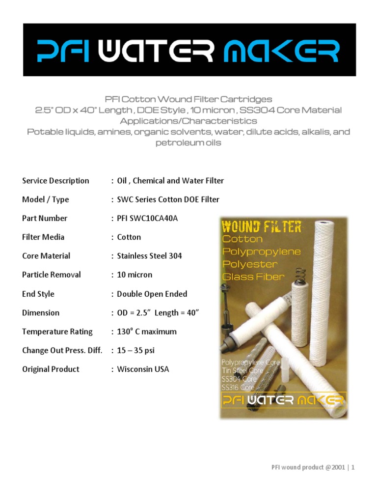 PFI Wound Filter Cartridges Guide | PDF | Filtration | Water