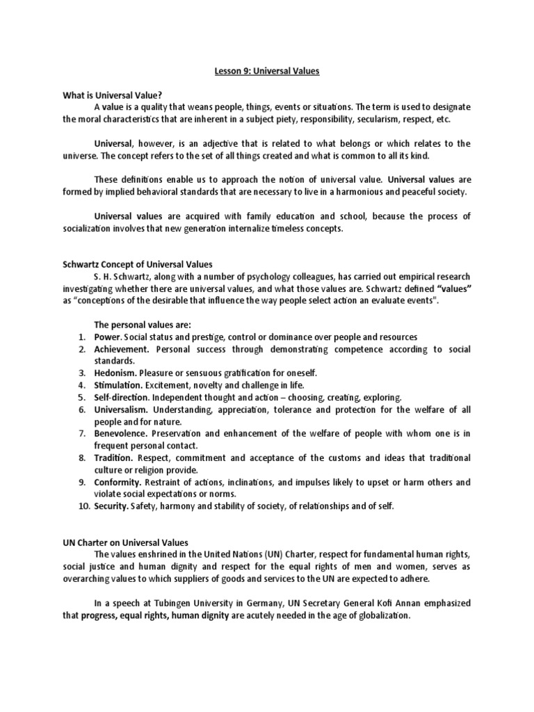 Lesson 9 Universal Value | PDF | Dignity | Value (Ethics)