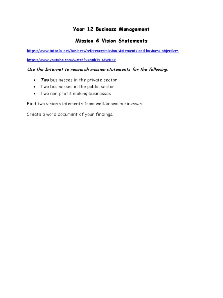 Year 12 Business Management: Mission & Vision Statements | PDF ...