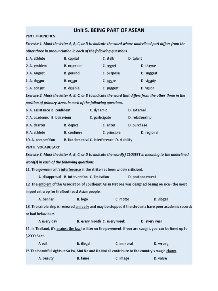UNIT 5. Being Part of Asean - Exercises | PDF | Vietnam | Vietnamese People