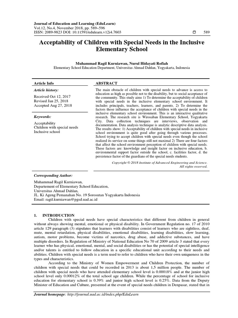 Acceptability of Children With Special Needs in The Inclusive ...