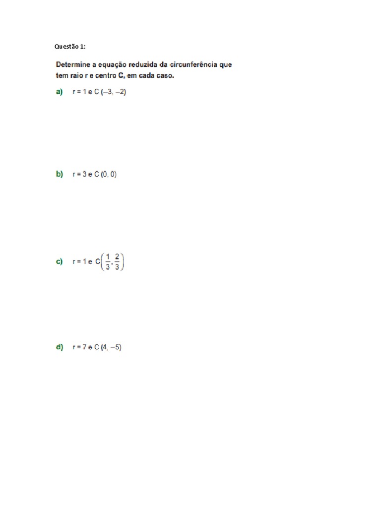 Exercícios Equação Reduzida Da Circunferência Pdf