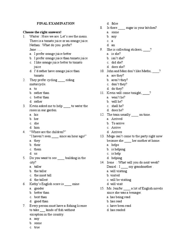 English Grammar Final Exam Questions | PDF