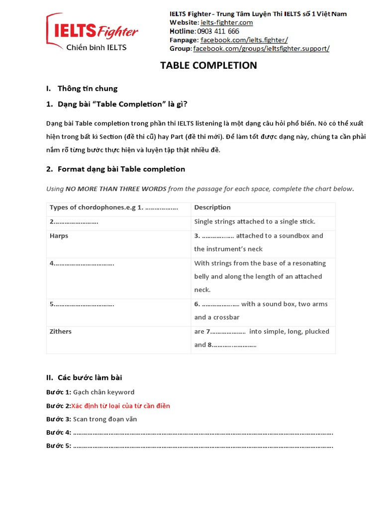 Table Completion: I. Thông Tin Chung 1. D NG Bài "Table Completion" Là ...