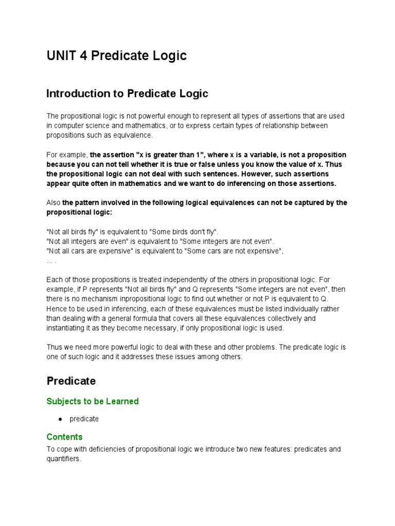 UNIT 4 Predicate Logic | PDF | Proposition | Interpretation (Logic)