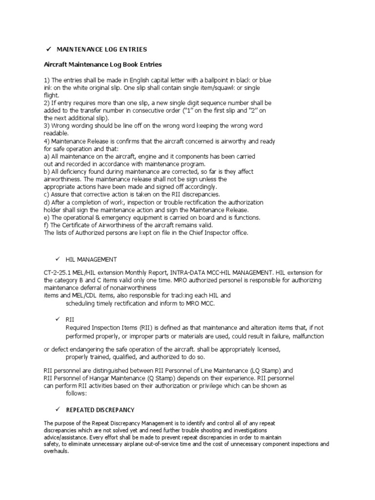 Aircraft Maintenance Log Book Entries: Repeated Discrepancy | PDF ...