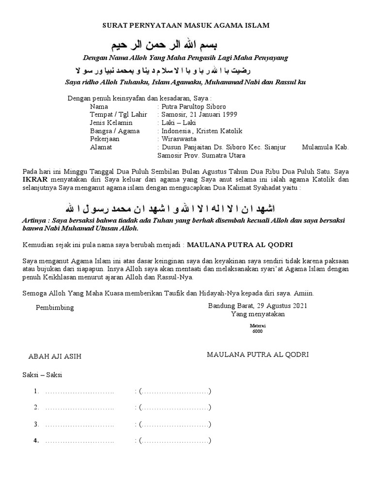 Surat Pernyataan Masuk Agama Islam | PDF