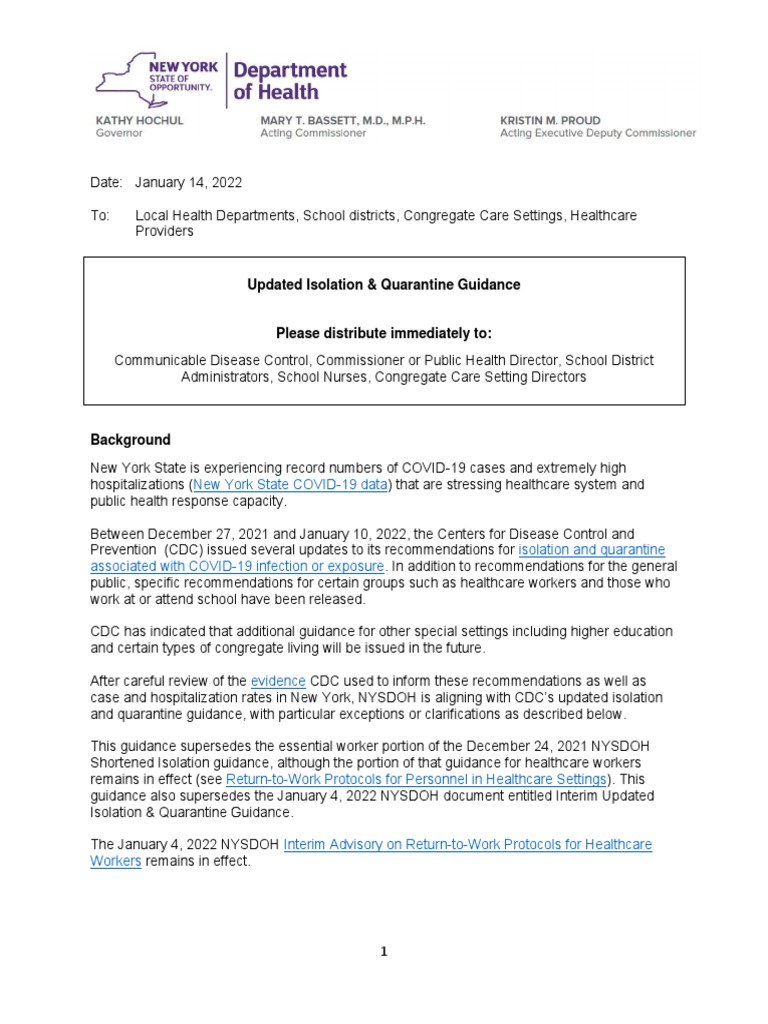 NY COVID-19 Isolation & Quarantine Update | PDF | Quarantine | Health ...