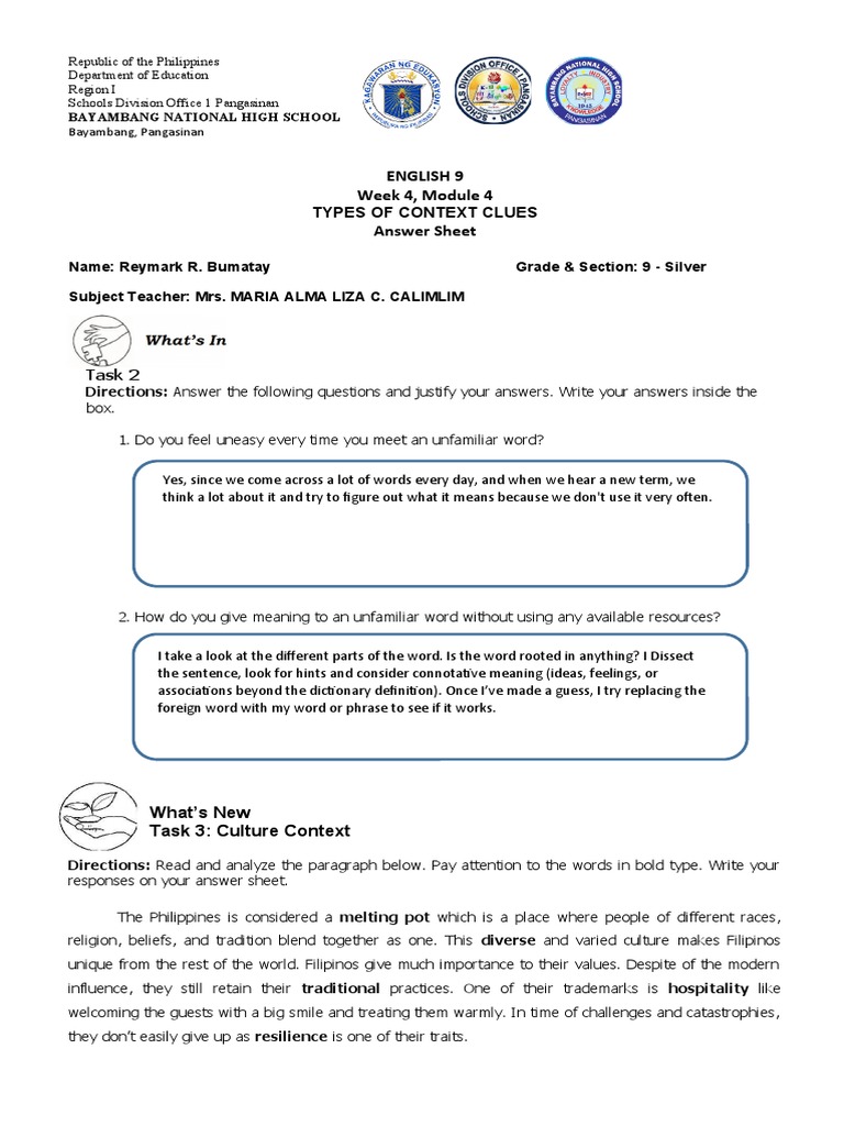 Reymark Bumatay - Context Clues Answer Sheets | PDF | Word | Psychological Concepts