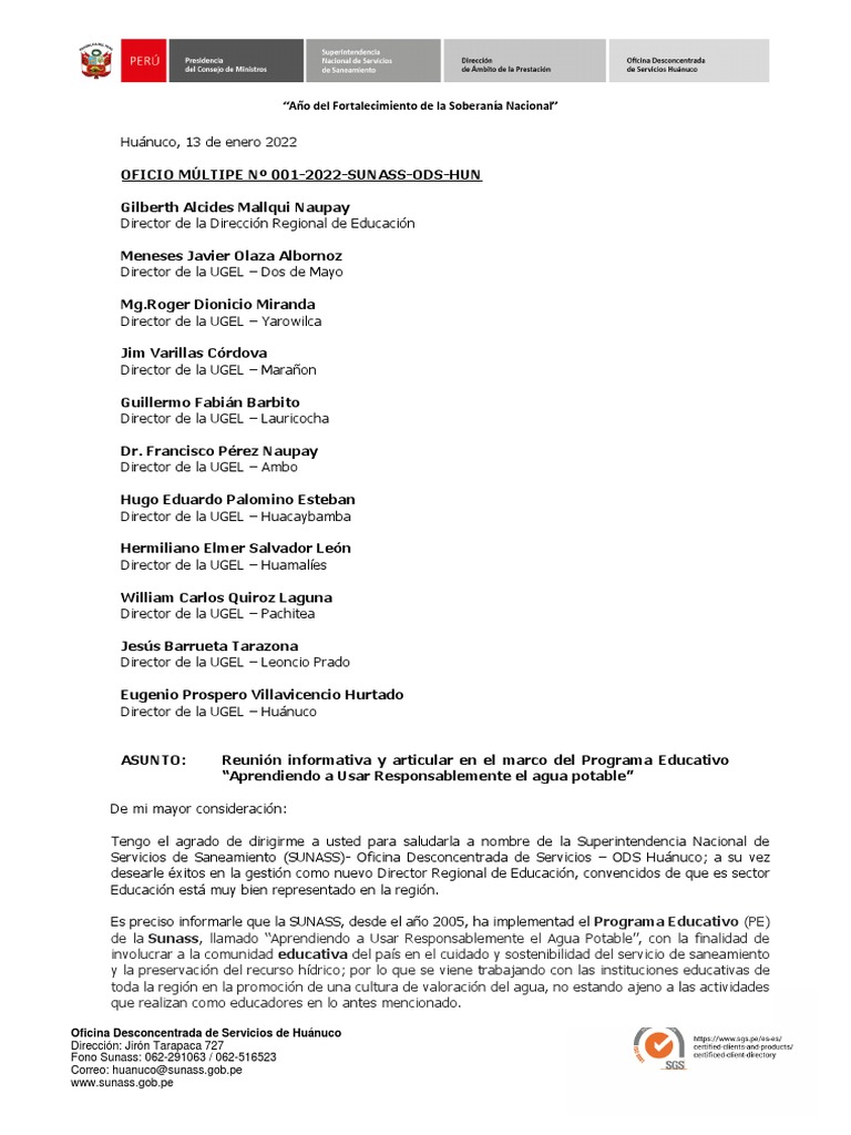 Oficio Multiple 001-2022-SUNASS-ODS-HUN-UGEL (R) | PDF | Salud pública | Agua dulce
