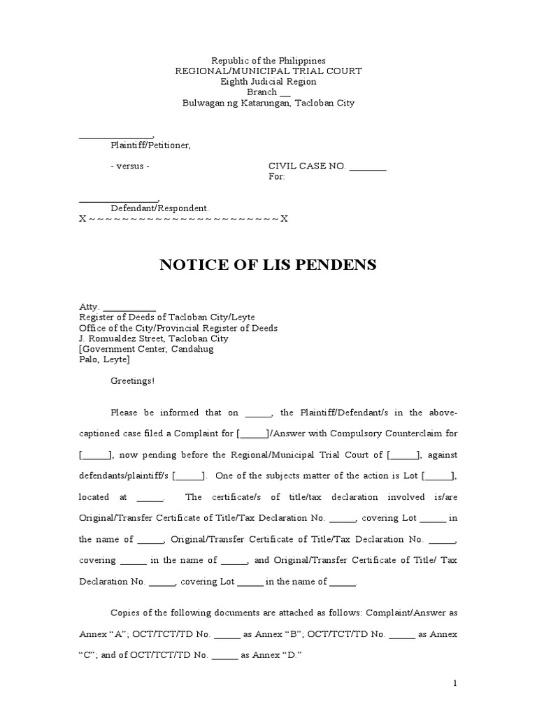 Sample Notice of Lis Pendens | PDF | Complaint | Lawsuit