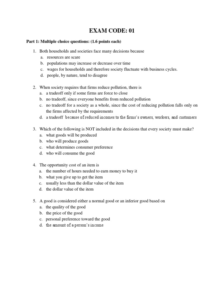 Exam Code: 01: Part 1: Multiple Choice Questions: (1.6 Points Each) | PDF | Demand | Price ...
